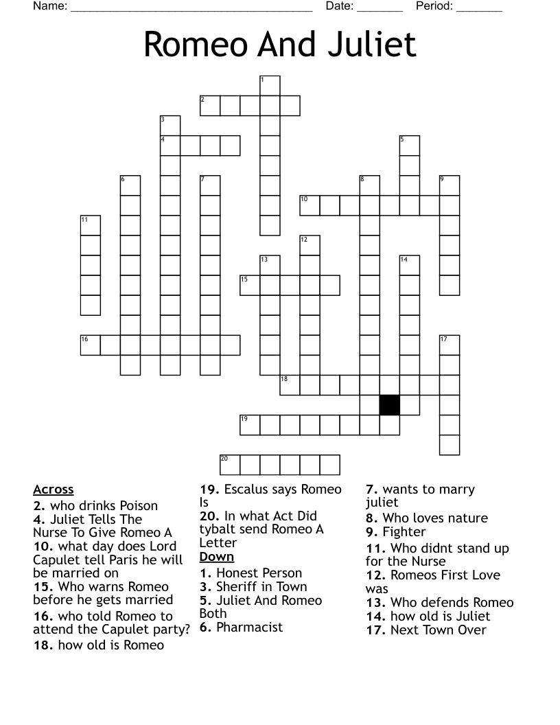 Romeo And Juliet Crossword - WordMint