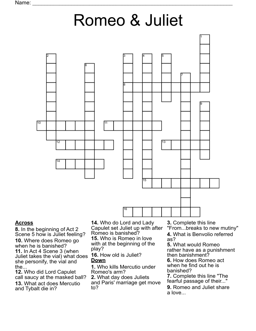 Romeo & Juliet Crossword - WordMint