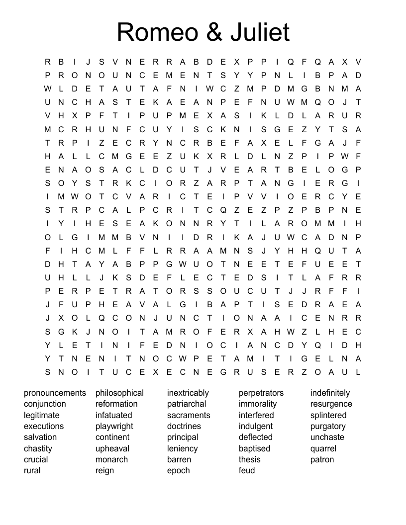 Romeo & Juliet Word Search - WordMint