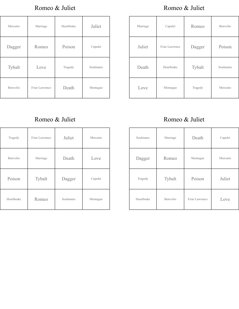 Romeo & Juliet Bingo Cards - WordMint