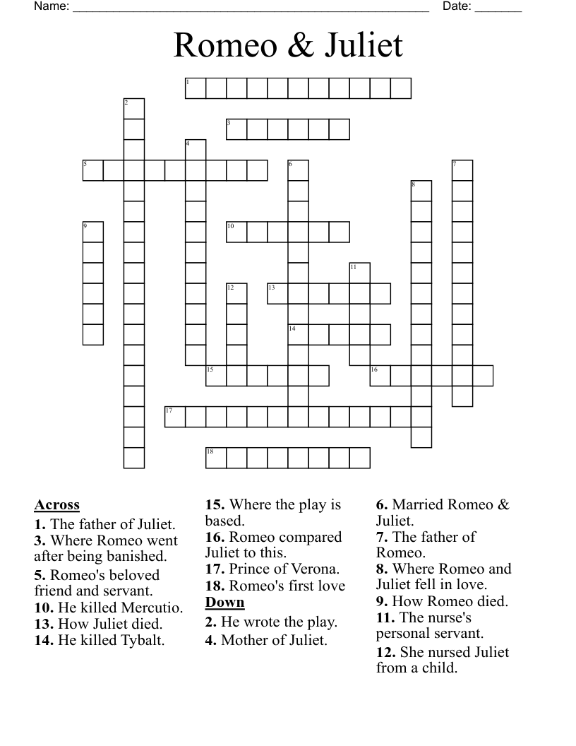 Romeo & Juliet Crossword - WordMint
