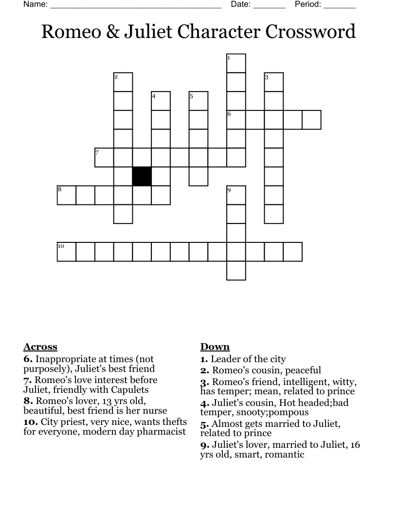 Romeo & Juliet Character Crossword - WordMint