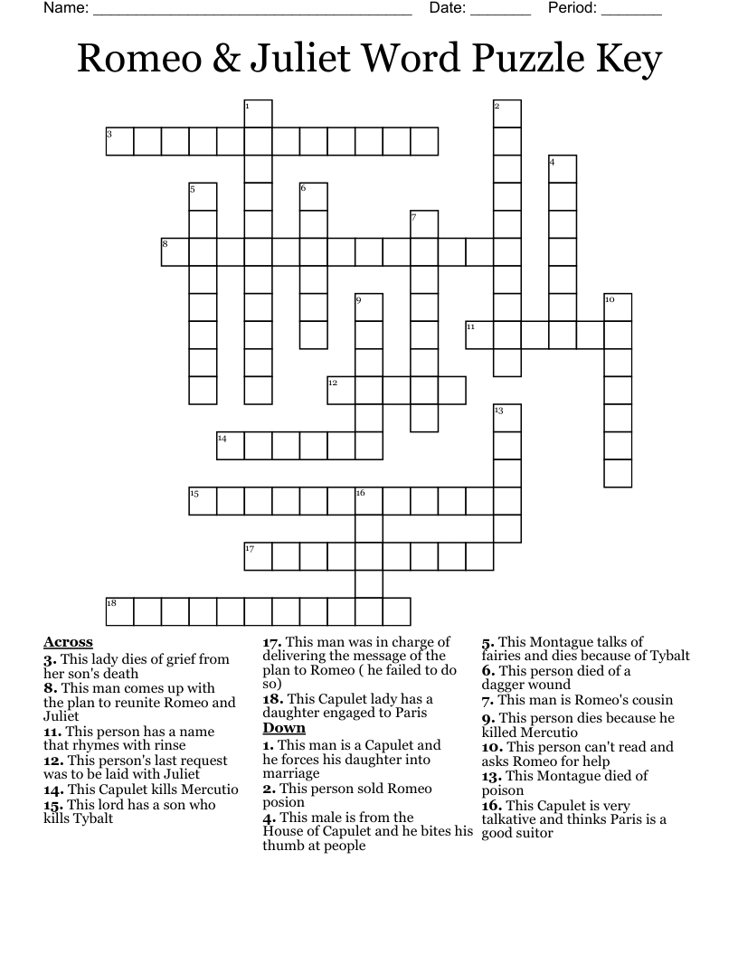 Romeo & Juliet Word Puzzle Key Crossword - WordMint