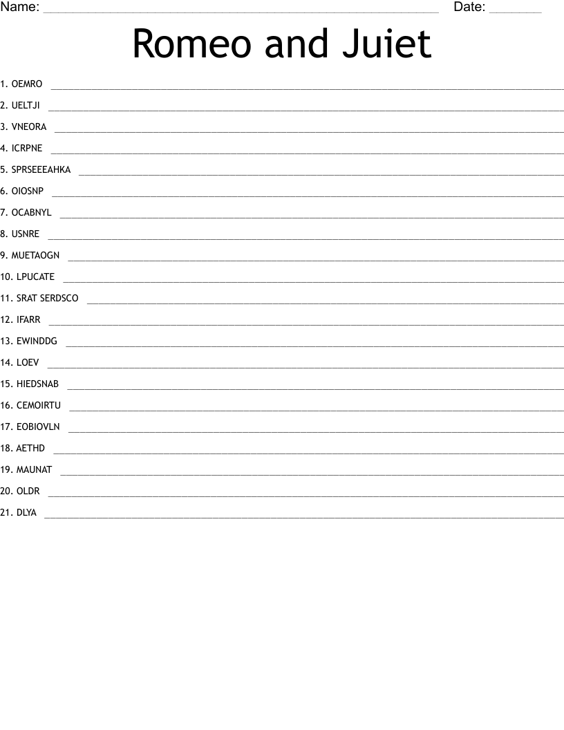 Romeo and Juiet Word Scramble - WordMint