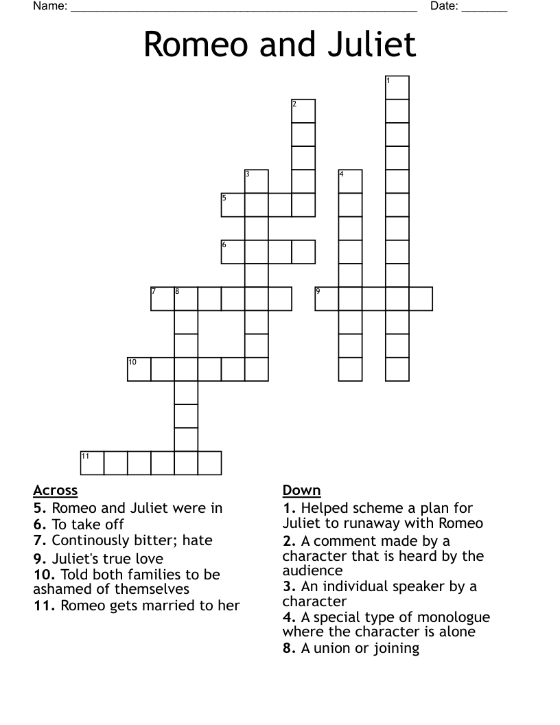 Romeo and Juliet Crossword - WordMint