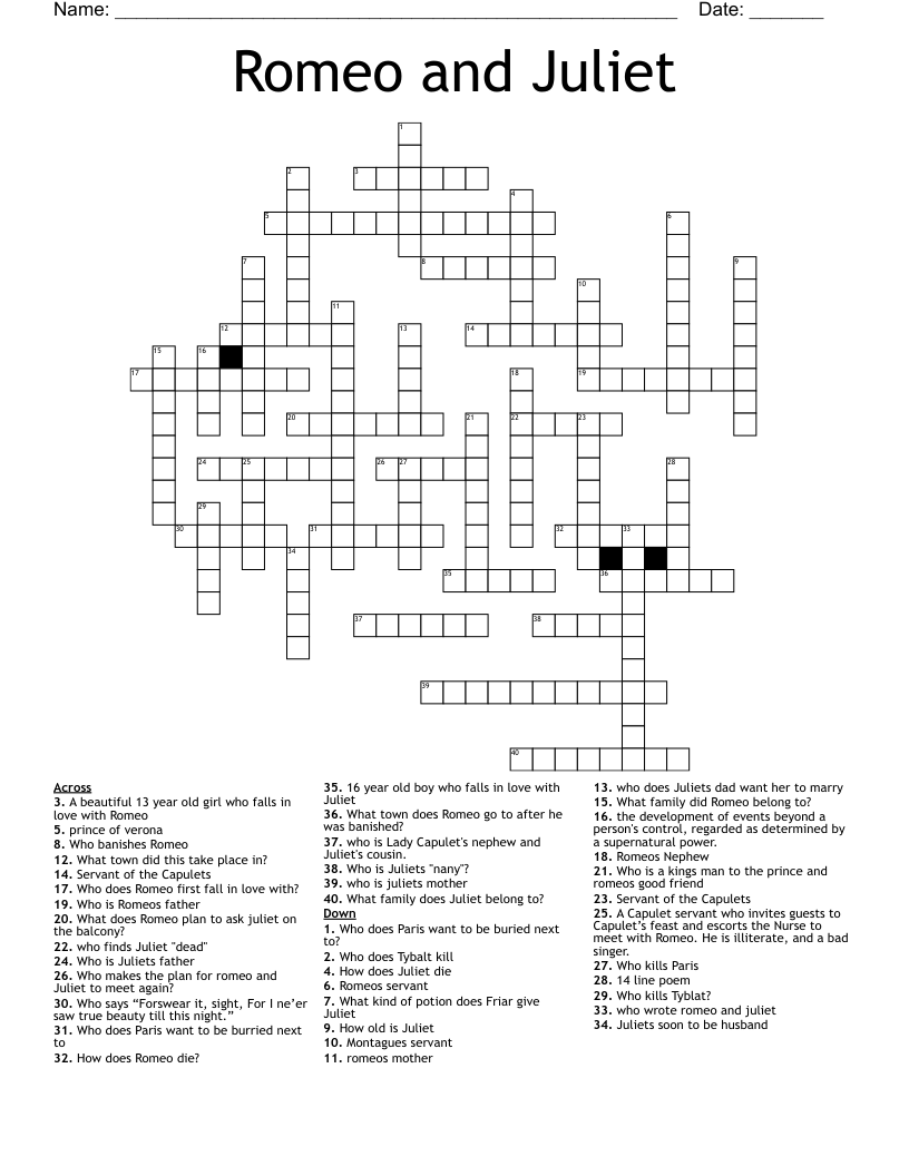 Romeo and Juliet Crossword - WordMint