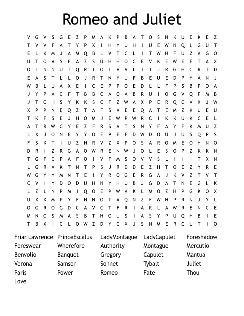 Romeo and Juliet Word Search - WordMint