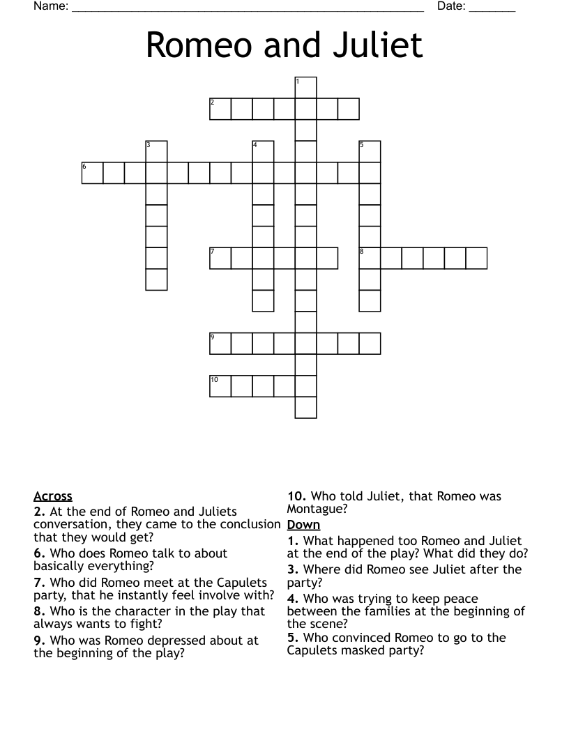 Romeo and Juliet Crossword - WordMint