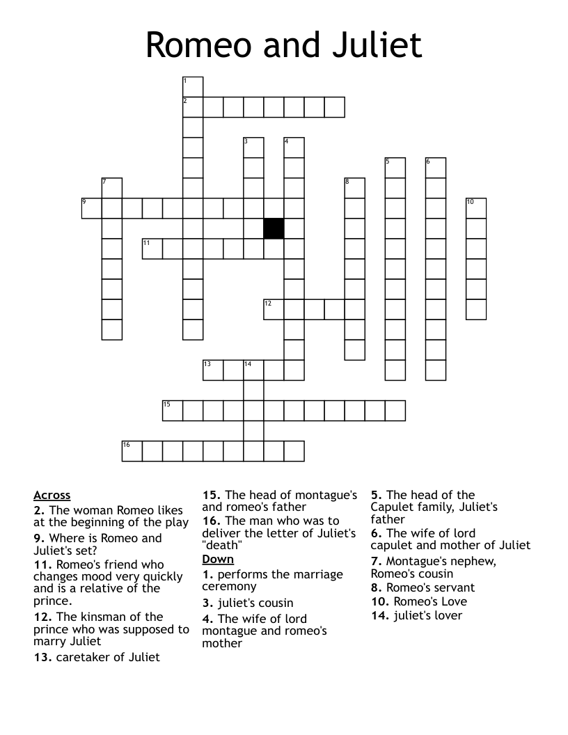 Romeo and Juliet Crossword - WordMint