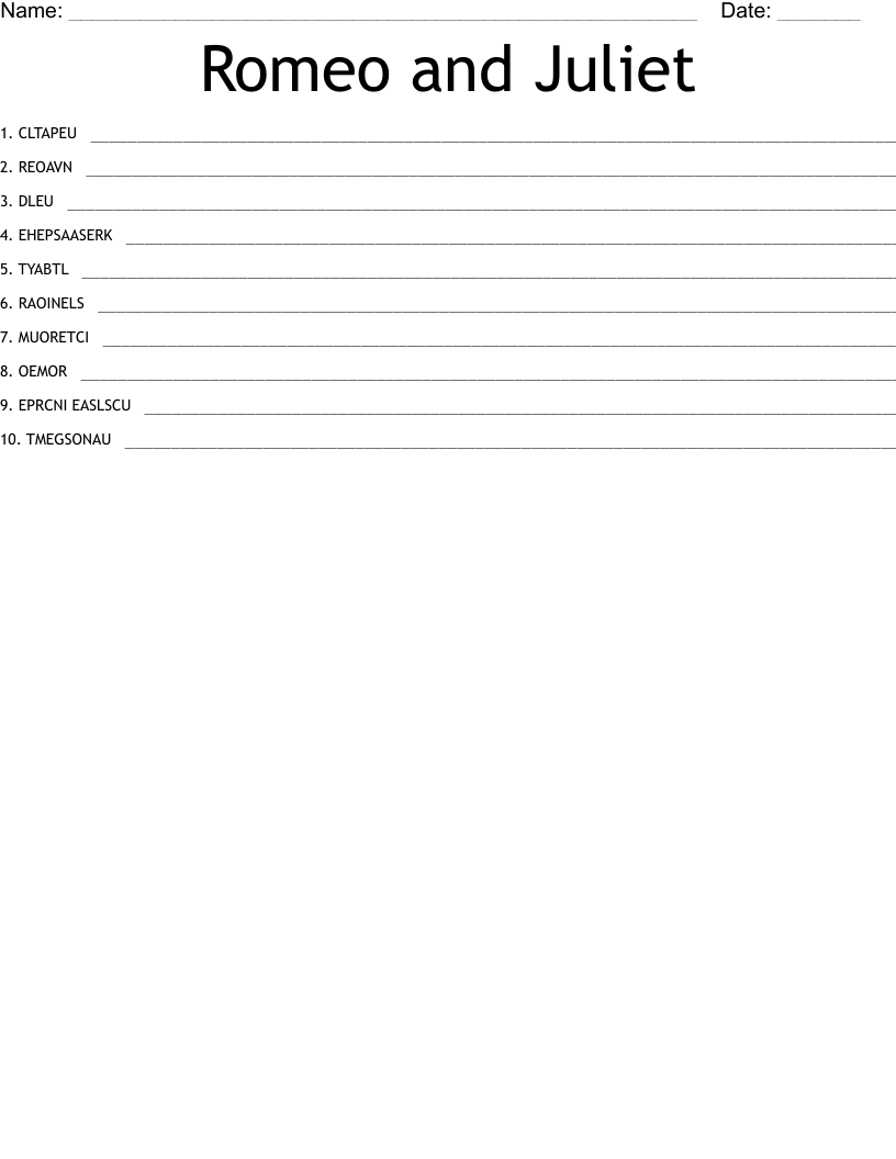 Romeo and Juliet Word Scramble - WordMint