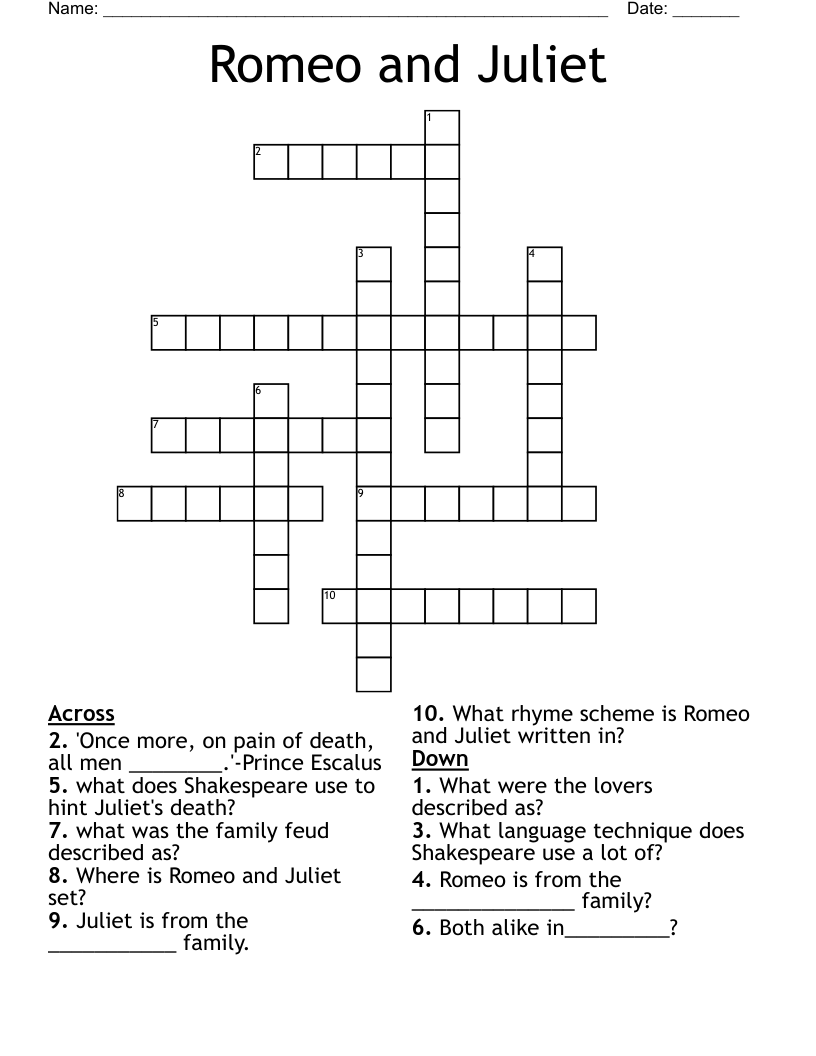 Romeo and Juliet Crossword - WordMint