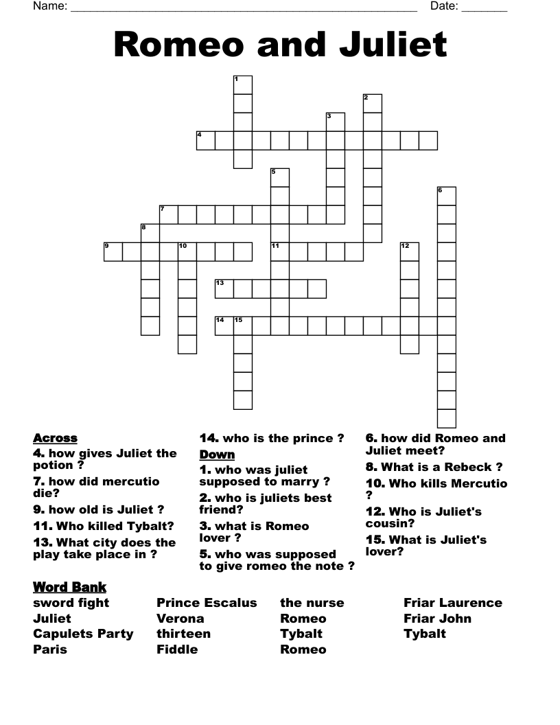 Romeo and Juliet Crossword - WordMint