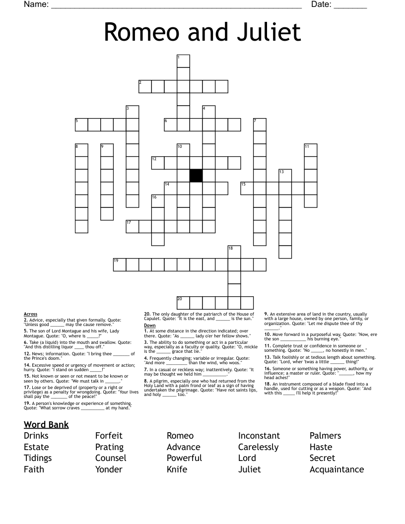 Romeo and Juliet Crossword - WordMint