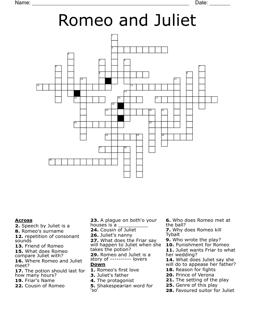 Romeo and Juliet Crossword - WordMint