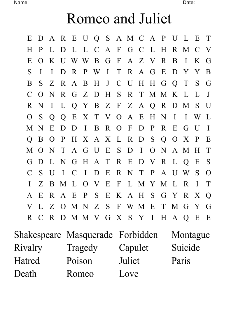 Romeo and Juliet Word Search - WordMint