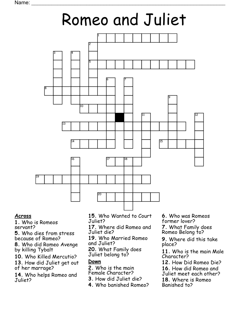 Romeo and Juliet Crossword - WordMint