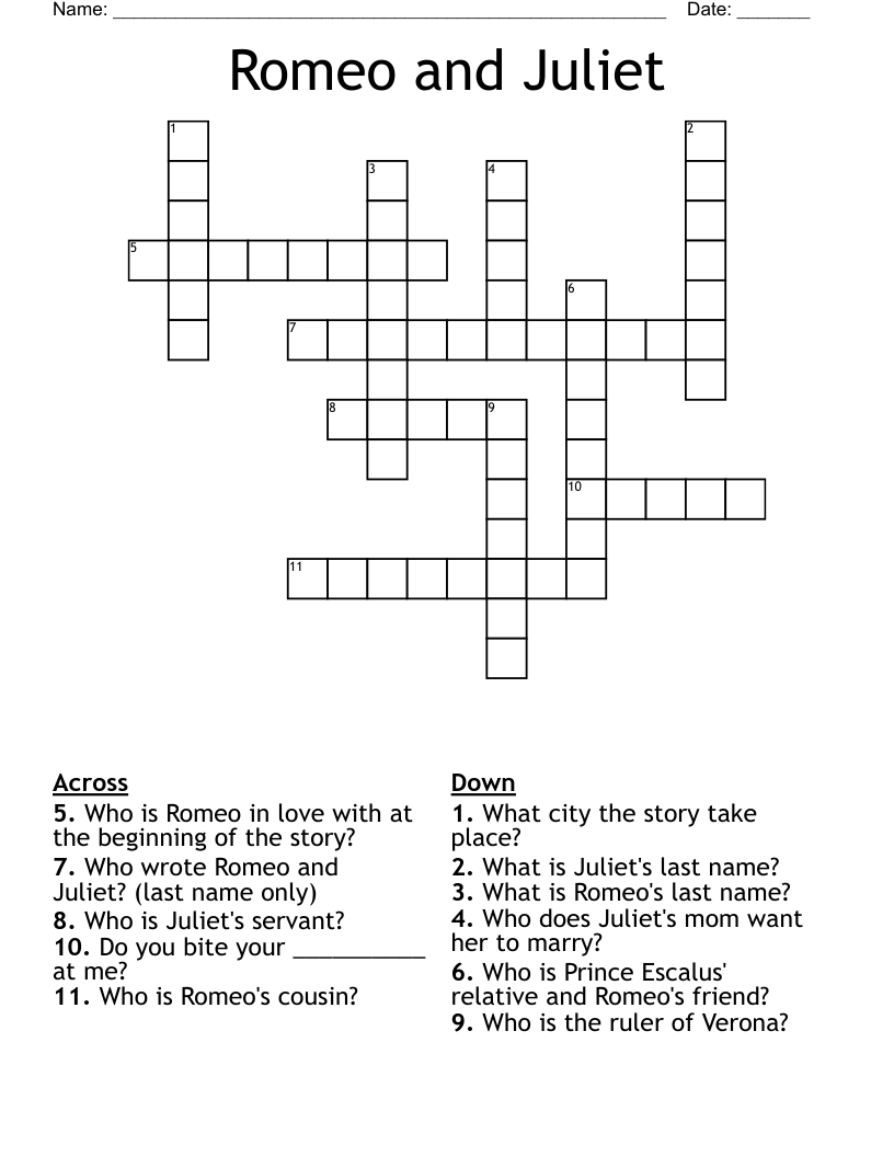 Romeo and Juliet Crossword - WordMint
