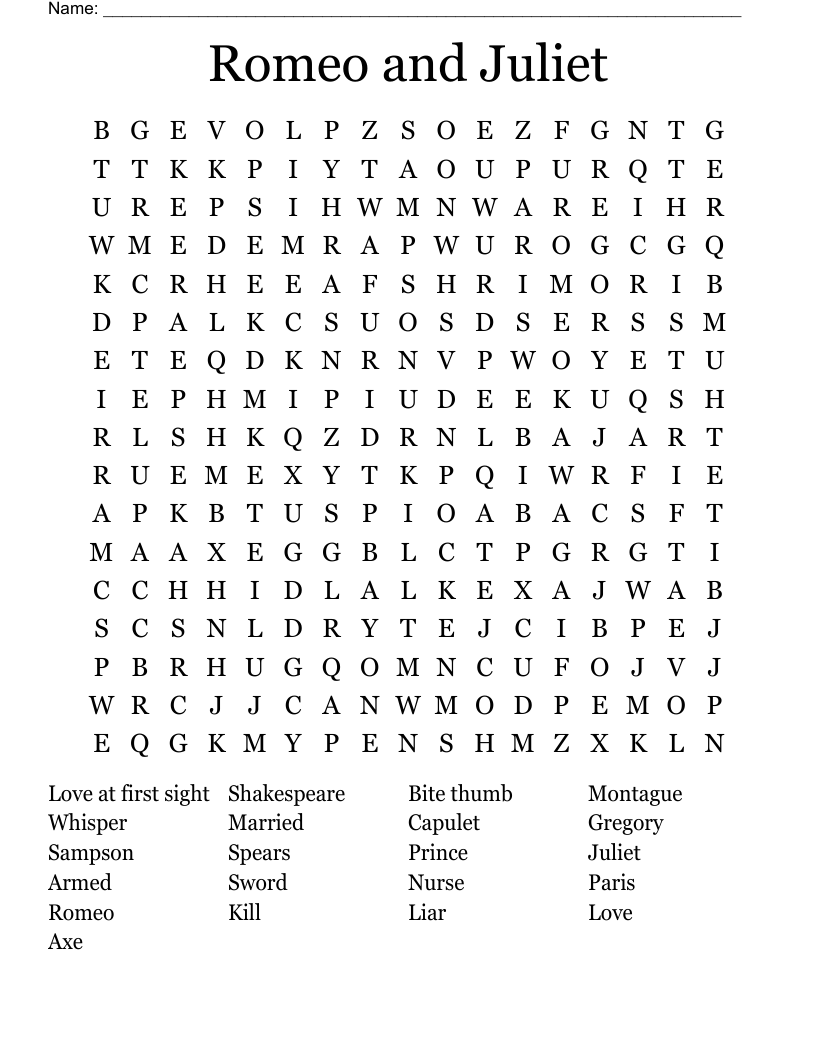Romeo and Juliet Word Search - WordMint