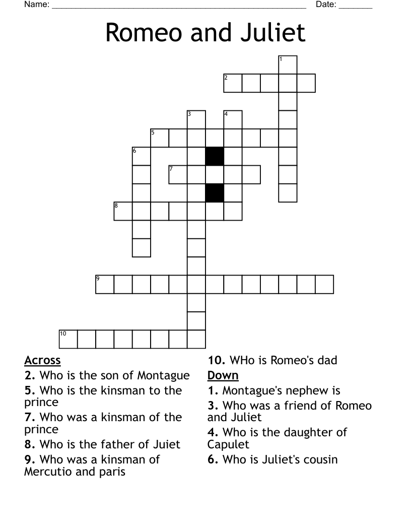Romeo and Juliet Crossword - WordMint