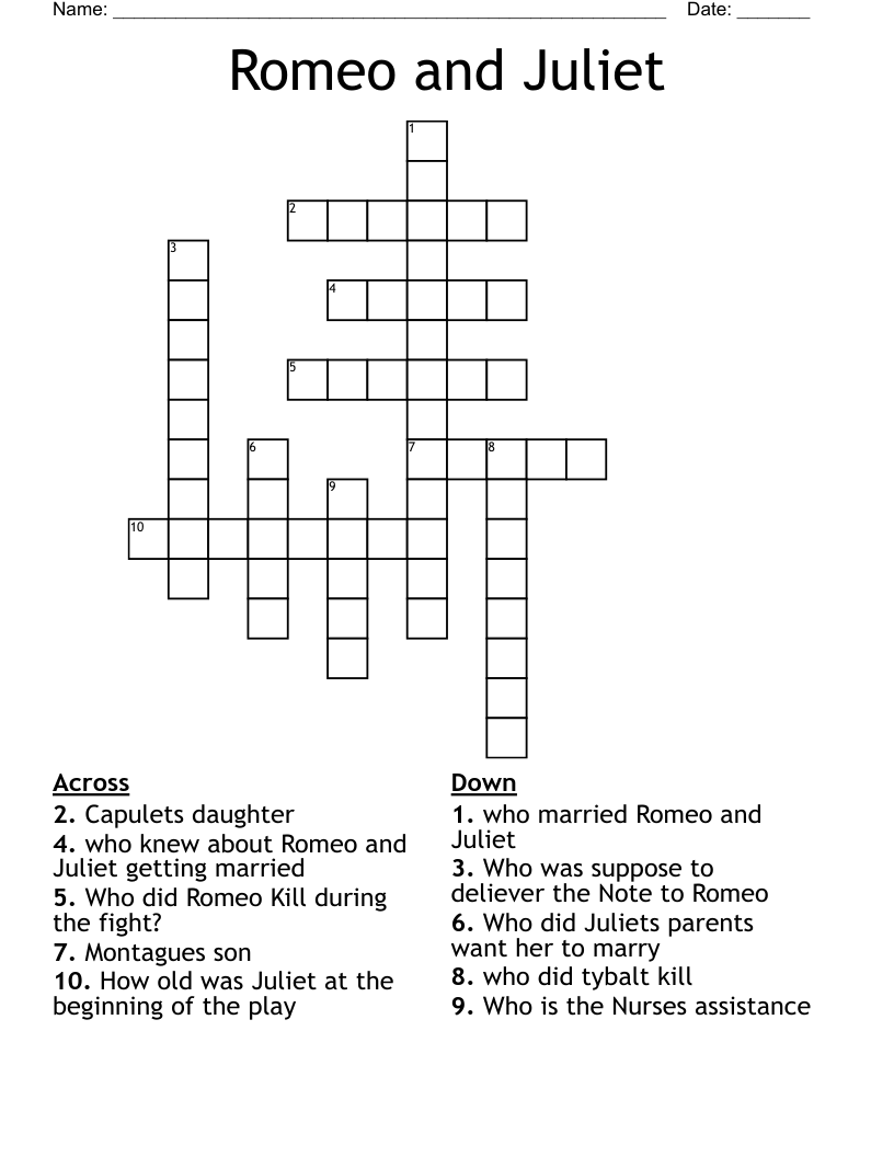 Romeo and Juliet Crossword - WordMint