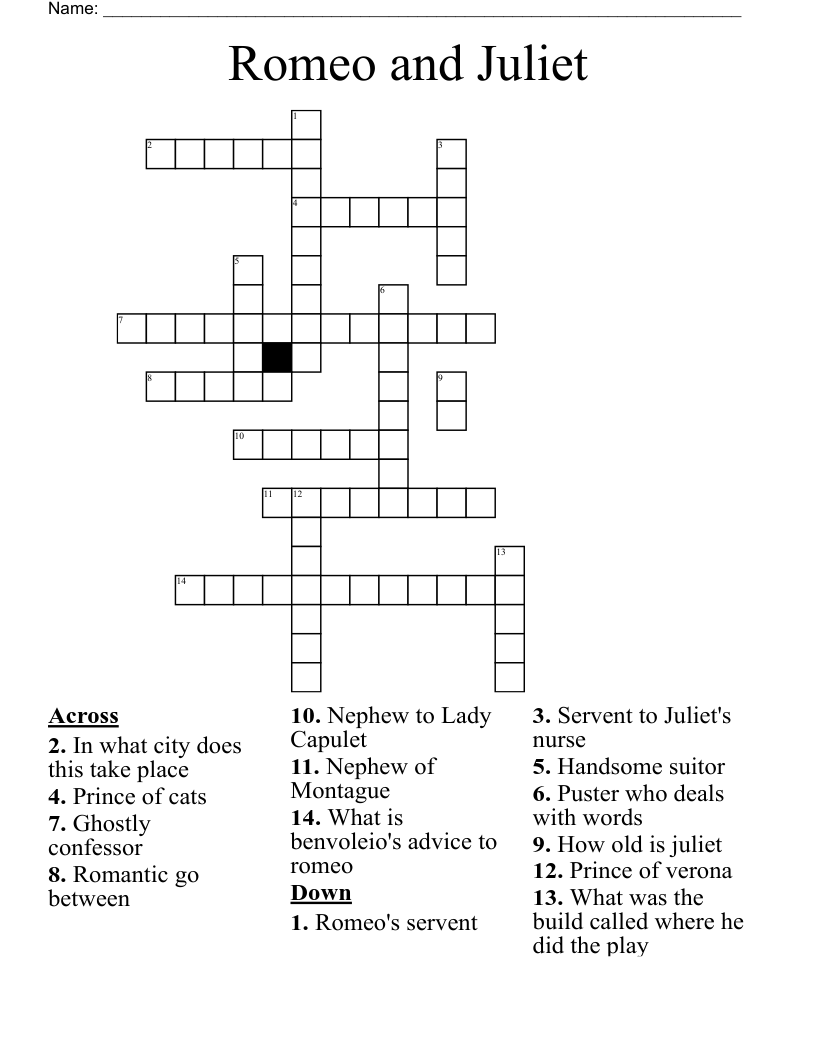 Romeo and Juliet Crossword - WordMint