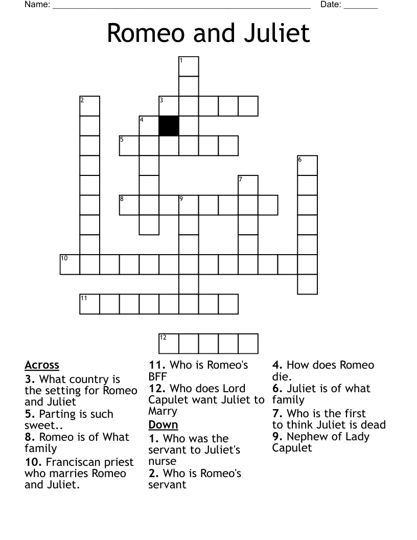 Romeo and Juliet Crossword - WordMint