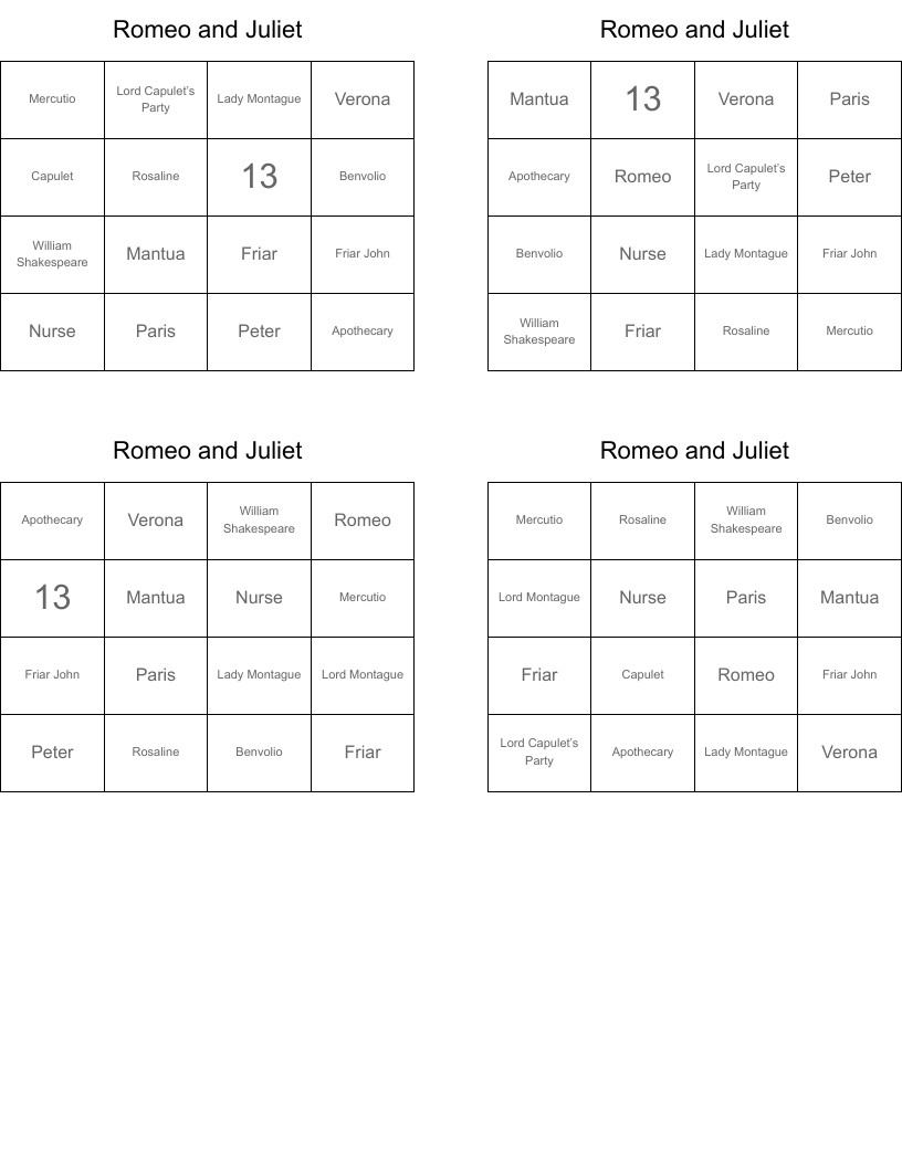 Romeo and Juliet Bingo Cards - WordMint