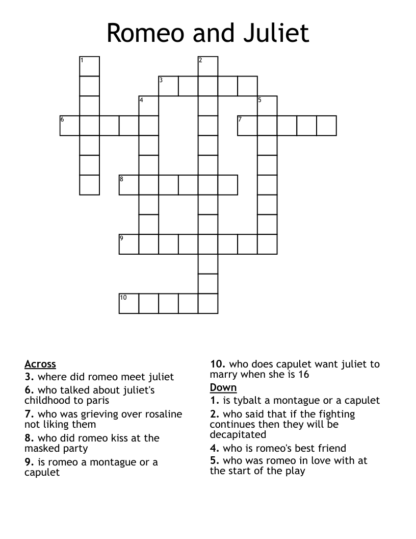 Romeo and Juliet Crossword - WordMint