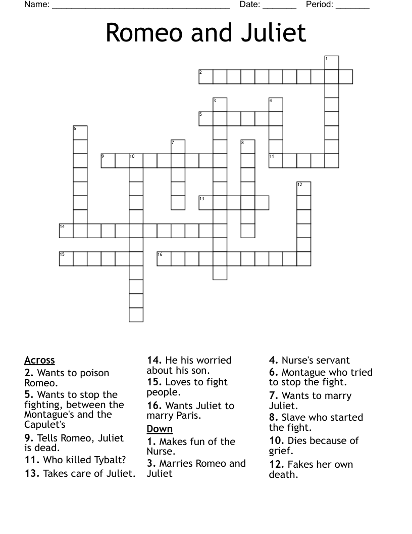 Romeo and Juliet Crossword - WordMint