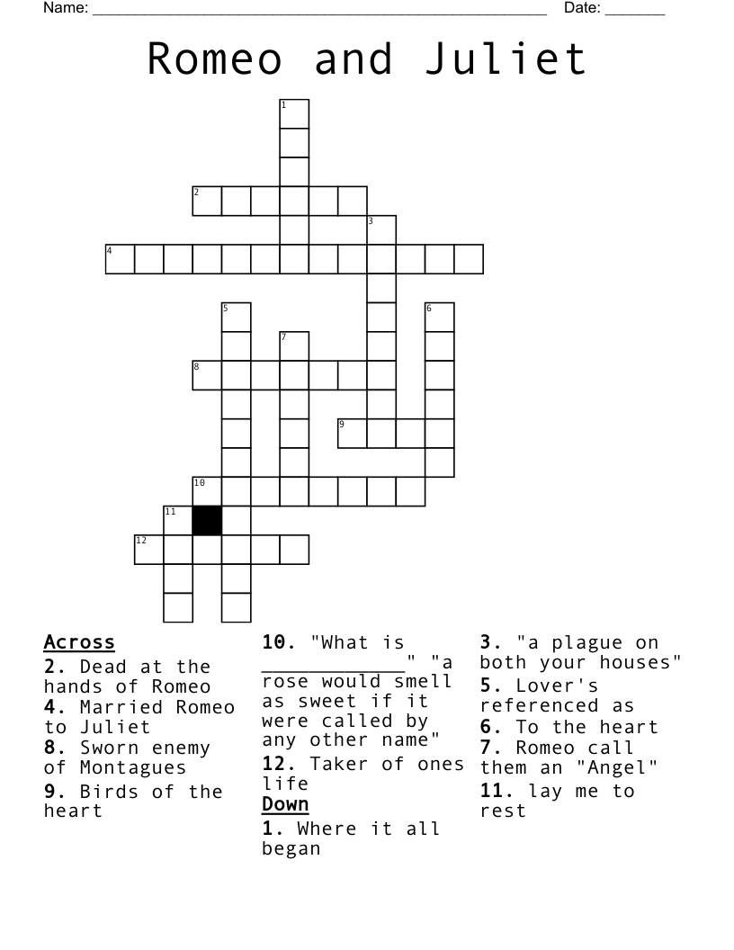 Romeo and Juliet Crossword - WordMint