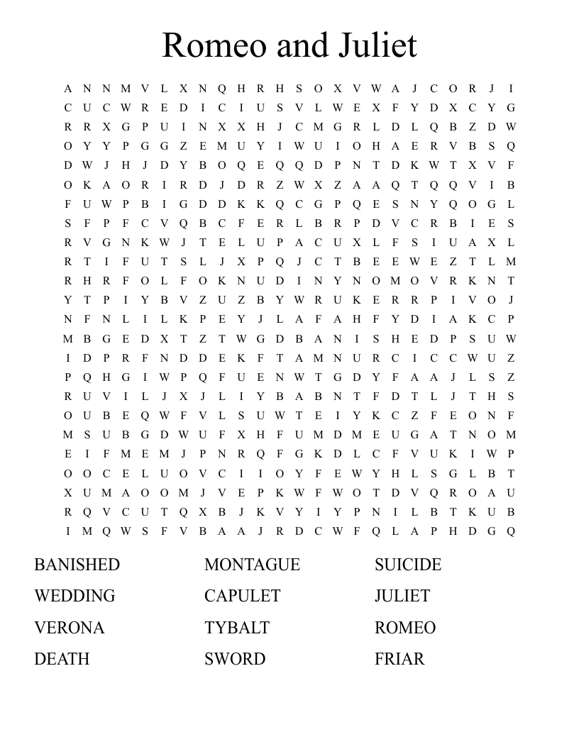 Romeo and Juliet Word Search - WordMint