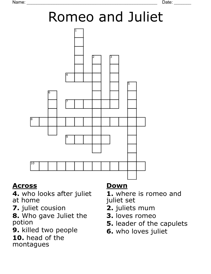 Romeo and Juliet Crossword - WordMint
