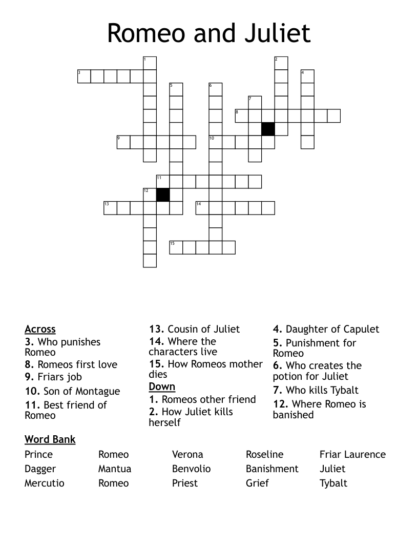 Romeo and Juliet Crossword - WordMint