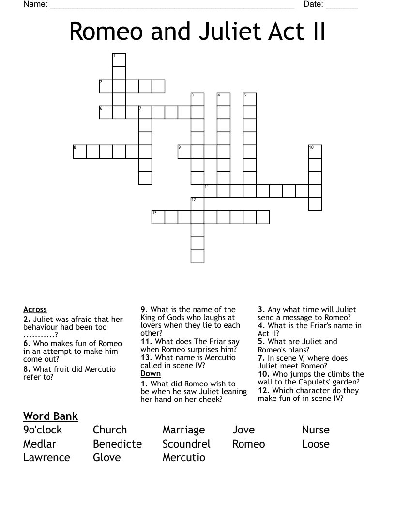 Romeo and Juliet Act II Crossword - WordMint