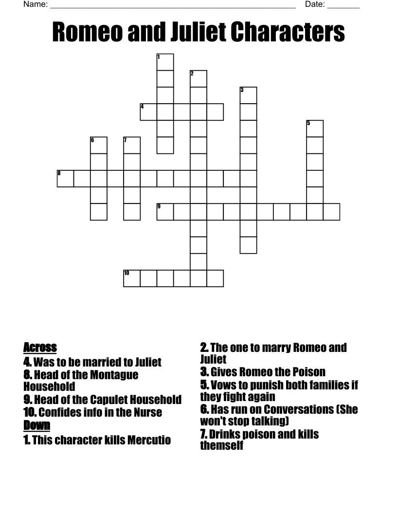 Romeo and Juliet Characters Crossword - WordMint