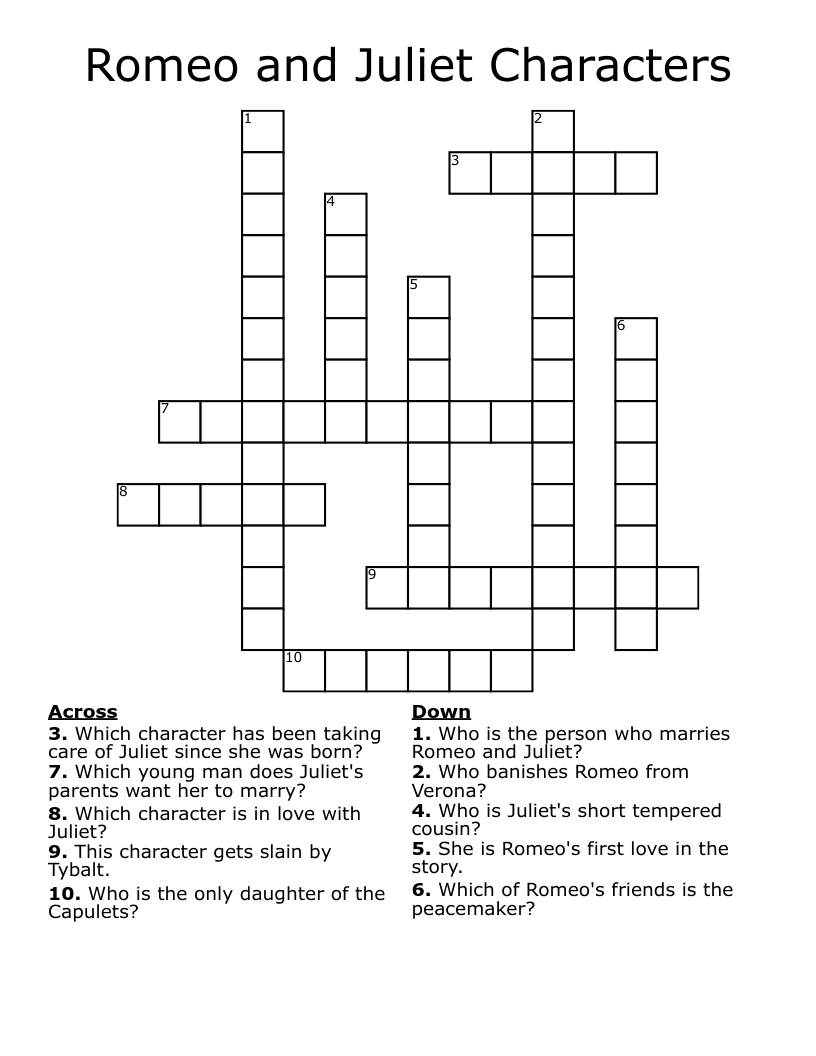 Romeo and Juliet Characters Crossword - WordMint