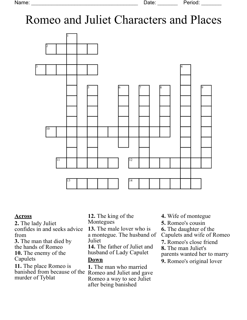 Romeo and Juliet Characters and Places Crossword - WordMint