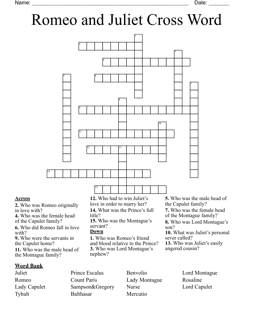 Romeo and Juliet Cross Word - WordMint