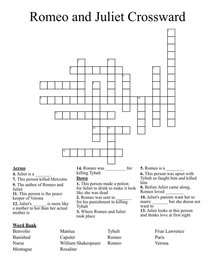 Romeo and Juliet Crossward Crossword - WordMint