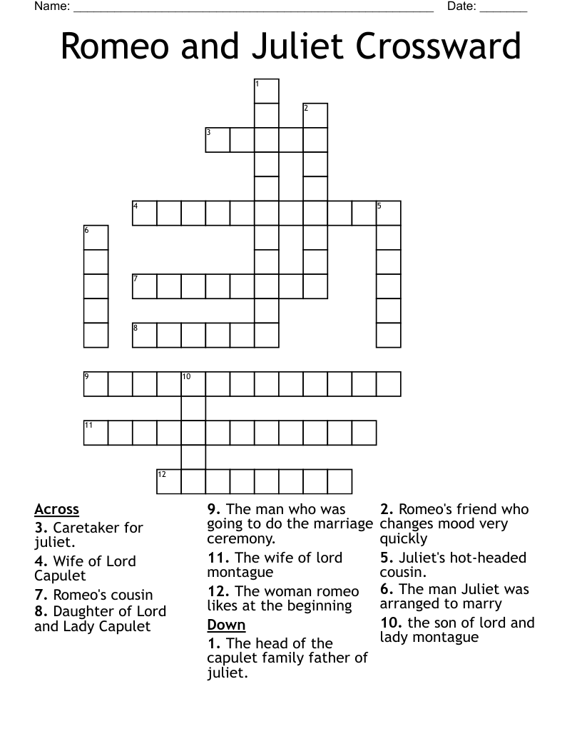 Romeo and Juliet Crossward Crossword - WordMint