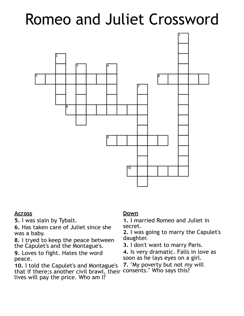 Romeo and Juliet Crossword - WordMint