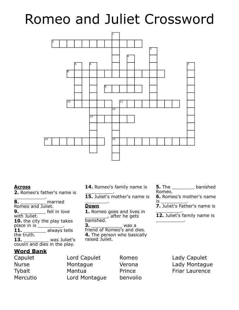 Romeo and Juliet Crossword - WordMint