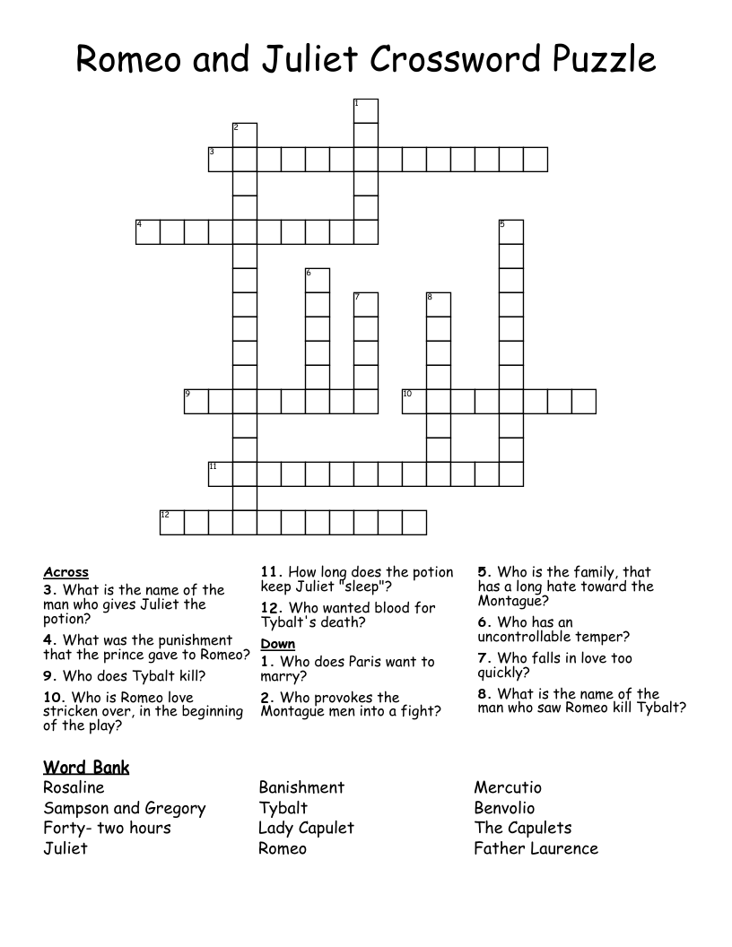 Romeo and Juliet Crossword Puzzle - WordMint