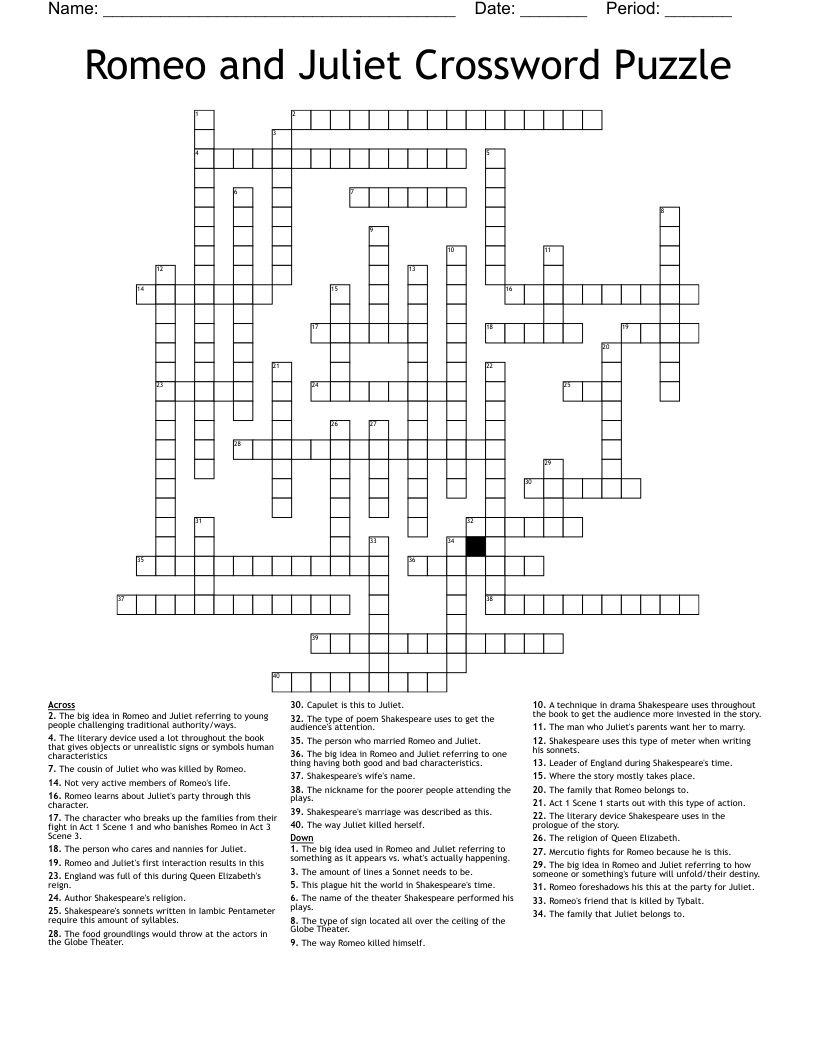 Romeo and Juliet Crossword Puzzle - WordMint