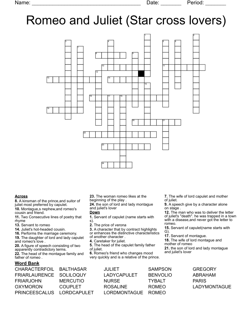 Romeo and Juliet (Star cross lovers) Crossword - WordMint