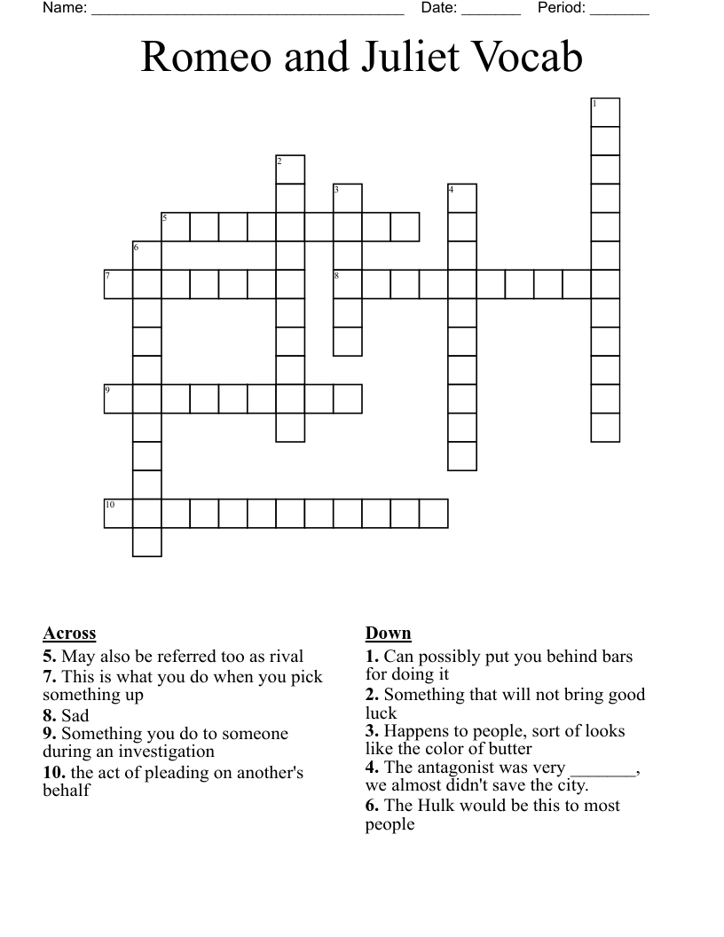 Romeo and Juliet Vocab Crossword - WordMint