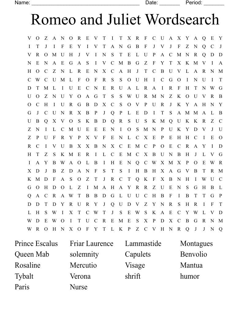 Romeo and Juliet Wordsearch - WordMint
