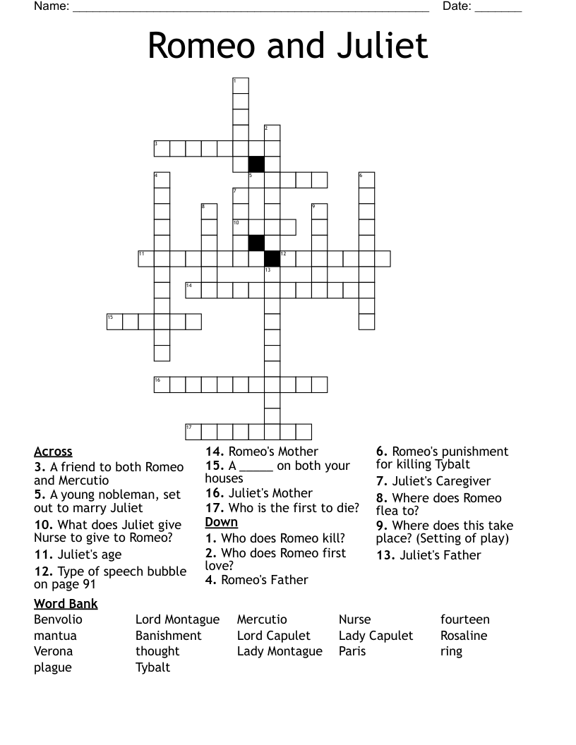 Romeo and Juliet Crossword - WordMint