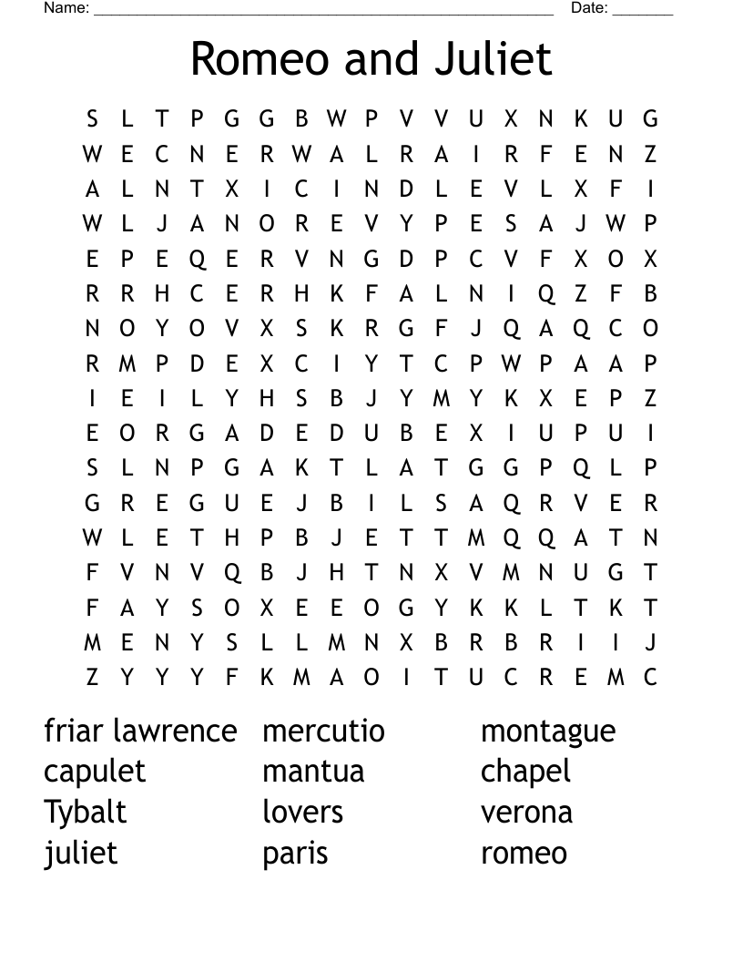 Romeo and Juliet Word Search - WordMint