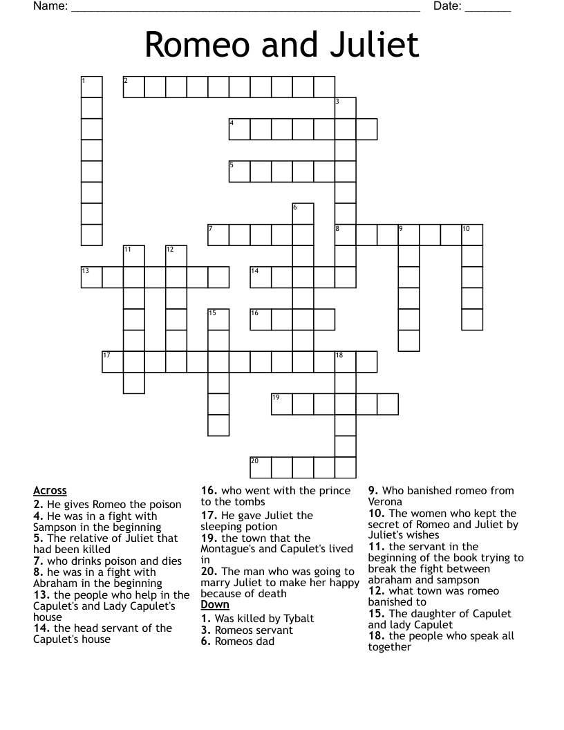 Romeo and Juliet Crossword - WordMint